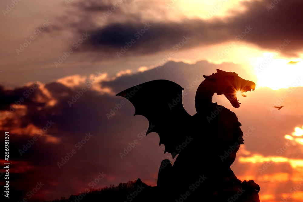 Slovenia, Ljubljana, silhouette of dragon sculpture of Zmajski most ...