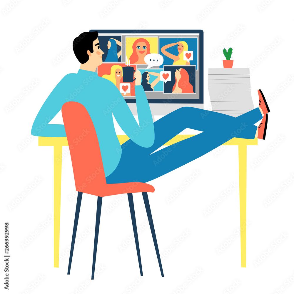 Cartoon worker watching girls on computer screen Stock Vector | Adobe Stock