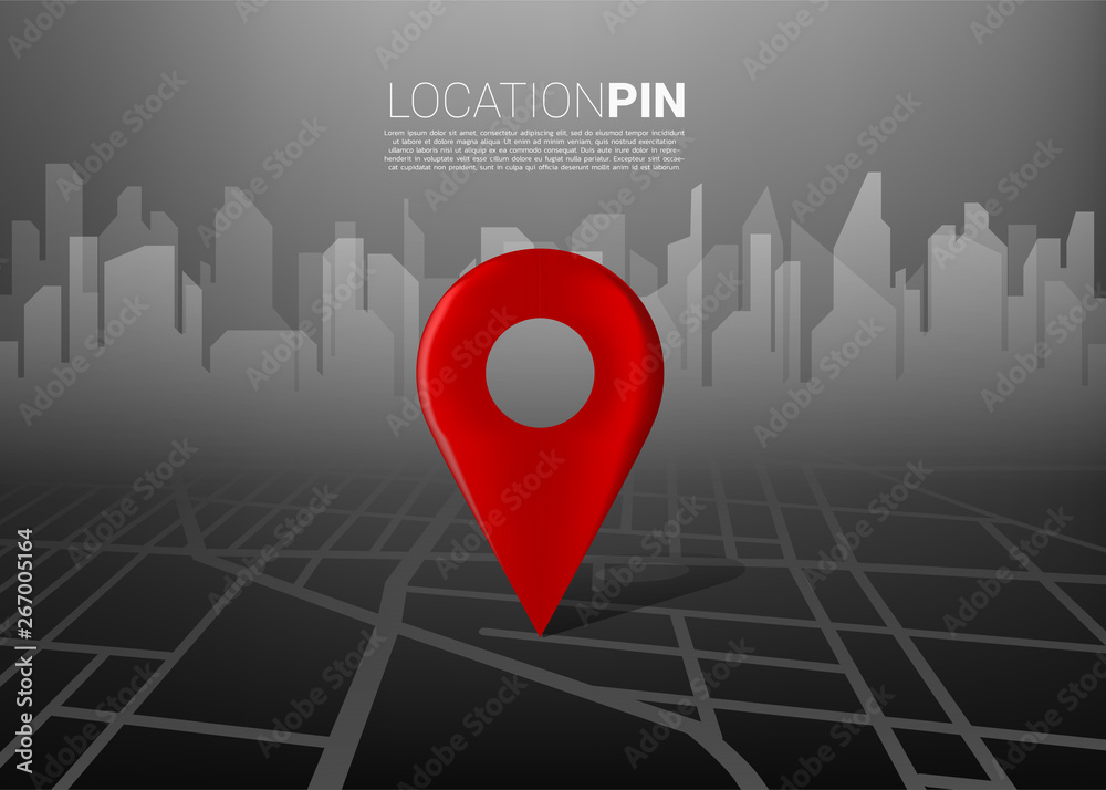 3D location pin marker on city road map with building background ...