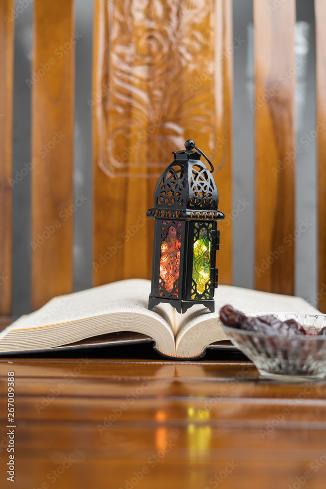 Islamic, ramadan and praying concept. Arabic lantern, dates or kurma ...