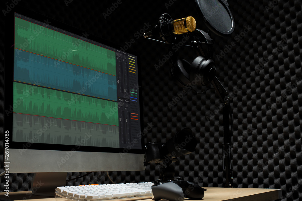 Microphone Condenser, gold mic hang over sound absorbing wall room with ...