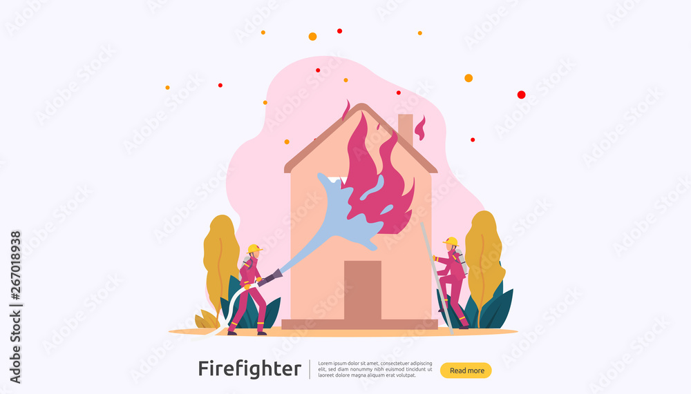 Firefighter using water spray from hose for fire fighting burning house ...