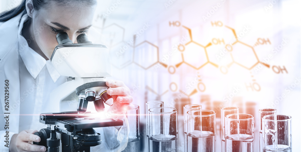 Research and development concept. Double exposure image of scientific ...