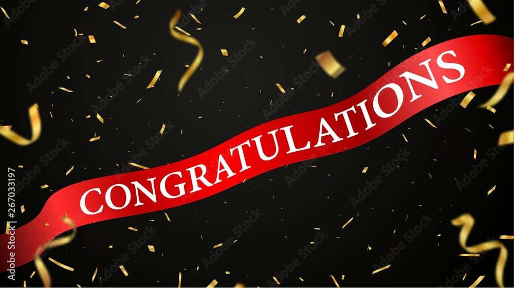congratulations red ribbon celebration design with golden confetti ...