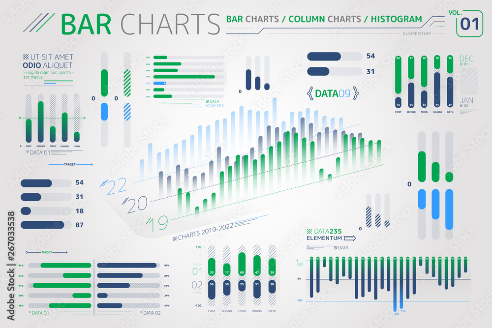 Bar Charts, Column Charts And Histograms Infographic Elements Stock ...