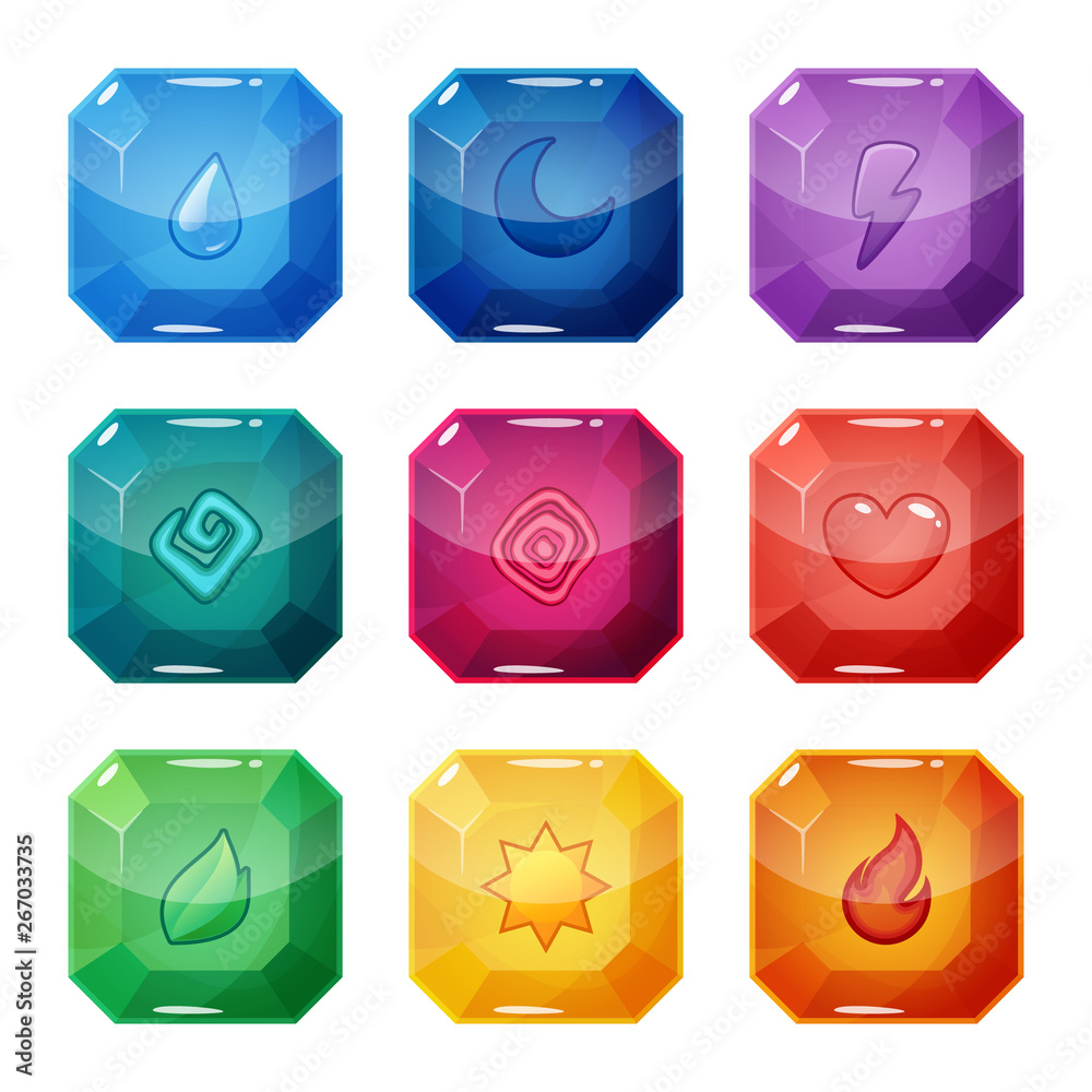 Set of nine different colored crystals, gemstones, gems, diamonds with ...