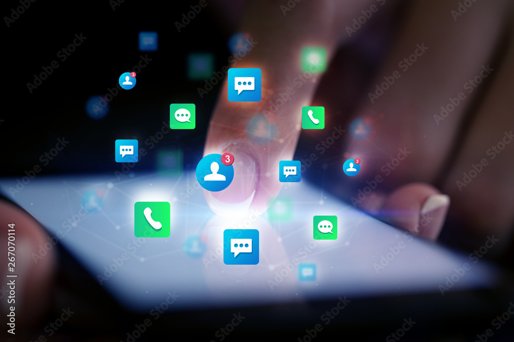 Finger touching phone with friends and contact concept and dark ...