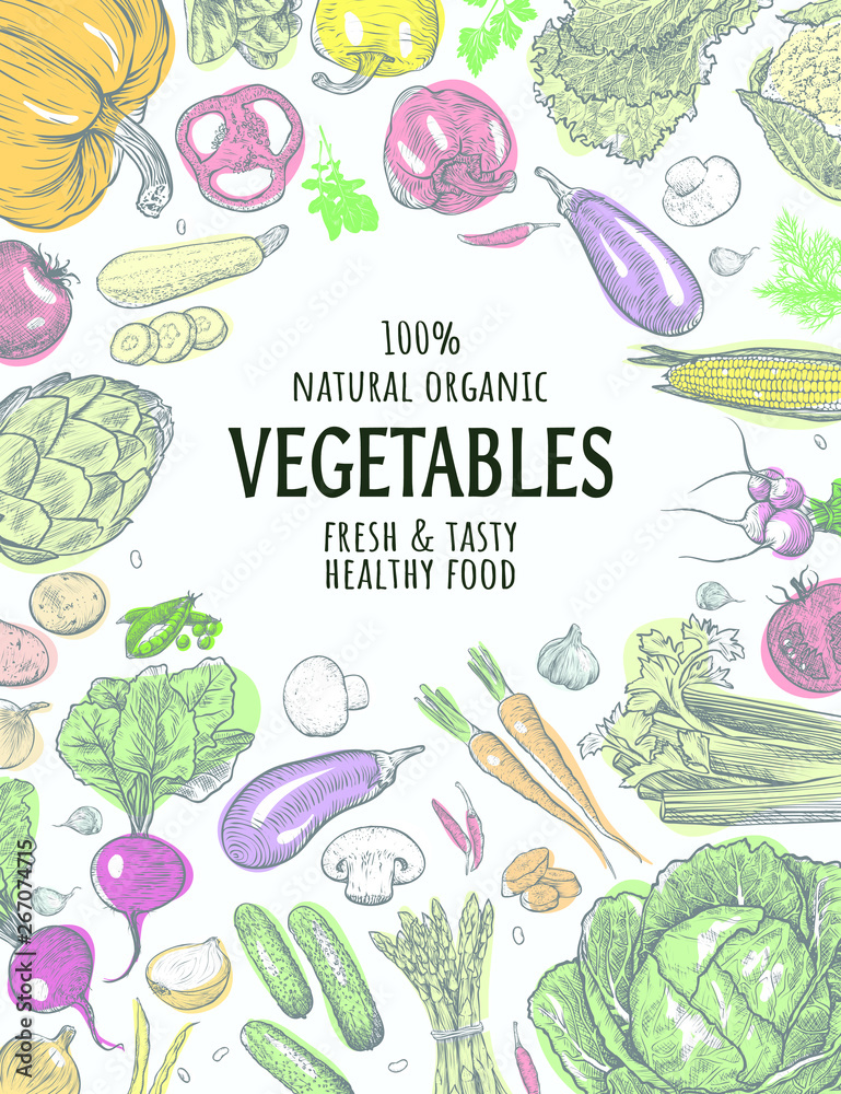 Farmer market card design. Hand drawn fresh vegetables set. Natural ...