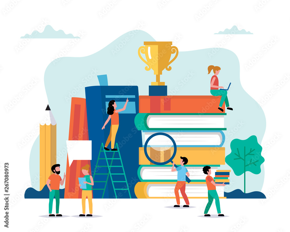 Learning, small people characters doing various tasks books and trophy ...