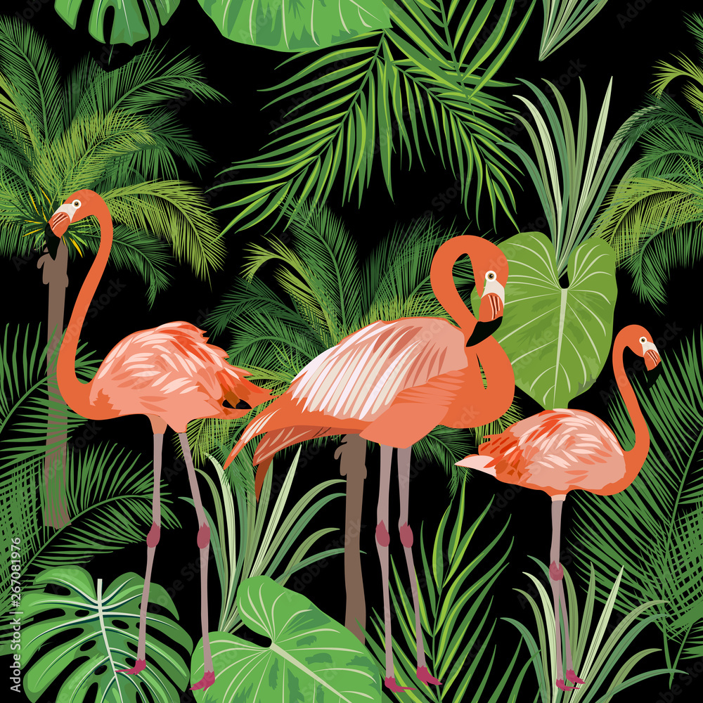 Tropical Plant Seamless Pattern Pink Flamingo And Tropical Leaves Of