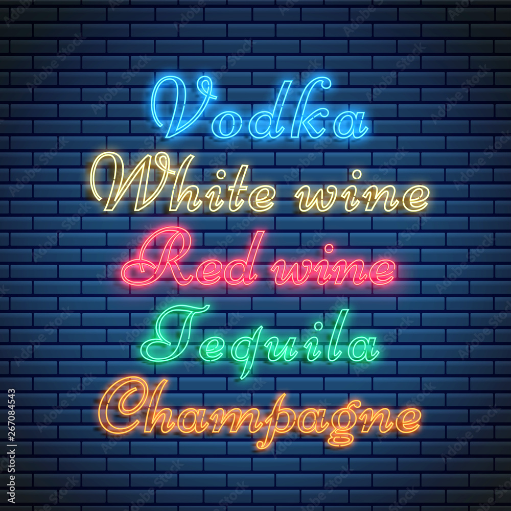 Names of alcoholic beverages lettering in neon style on brick ...