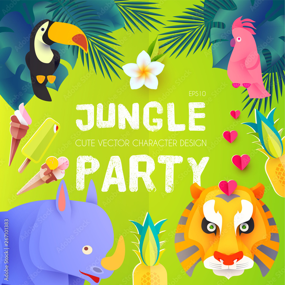 Jungle Party. Cute Exotic Animals Design. Children Event Poster ...