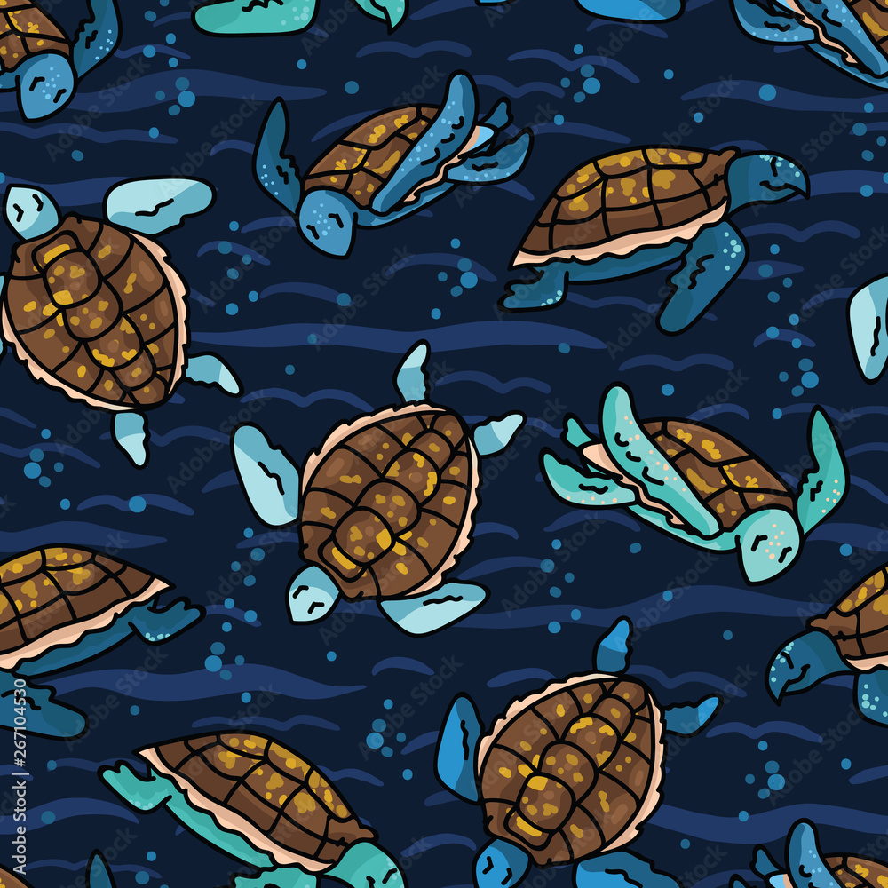 Cute swimming group of sea turtles cartoon seamless vector pattern ...
