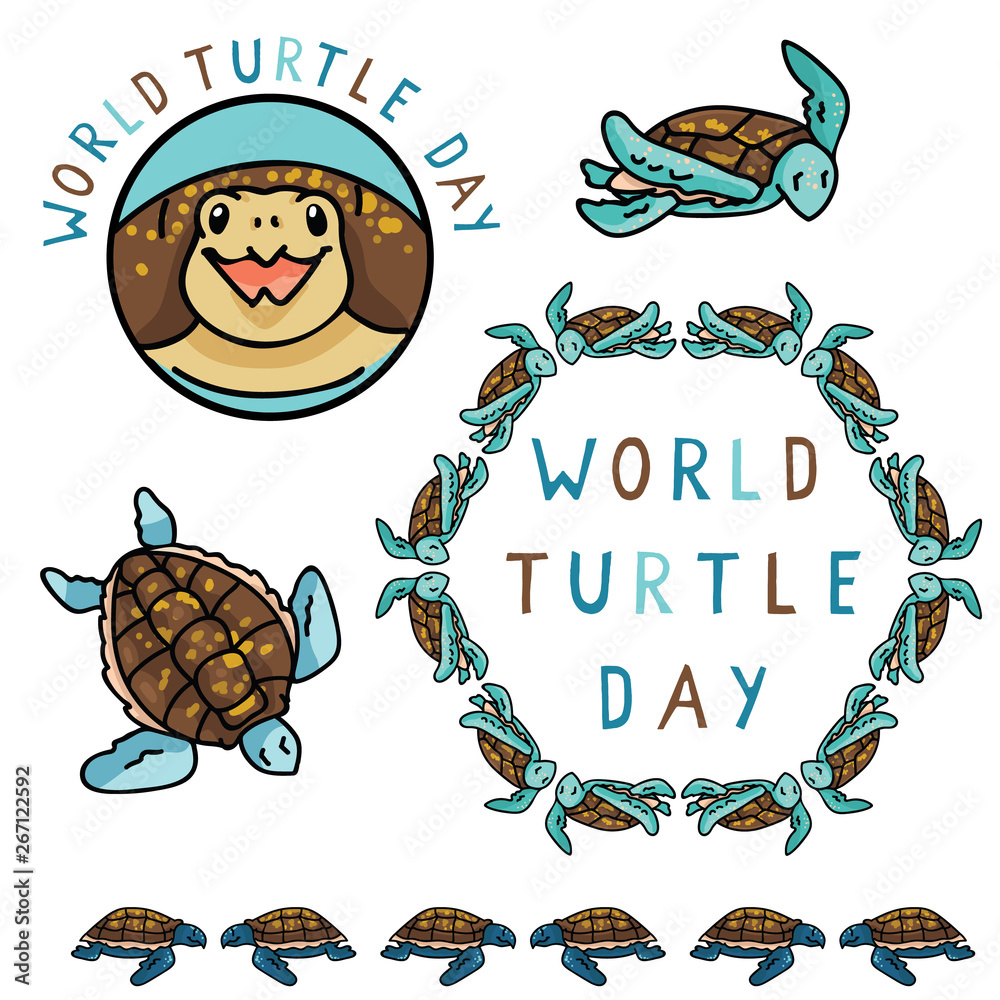 Cute world turtle day graphics cartoon vector illustration motif set ...
