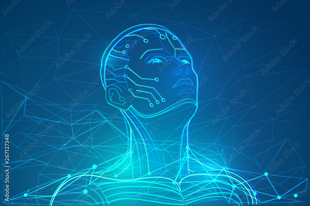 Artificial intelligence or robot with human face. Abstract digital ...