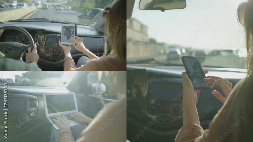 Collage of rear views of woman showing route to driver on phone, laptop and tablet, navigating ...