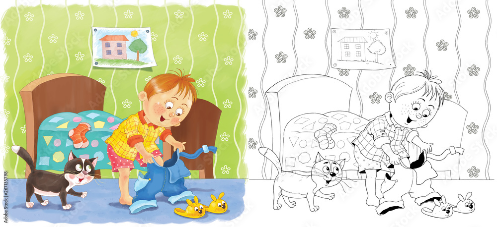 Little boy's morning. Cute little boy and his kitten. Illustration for ...
