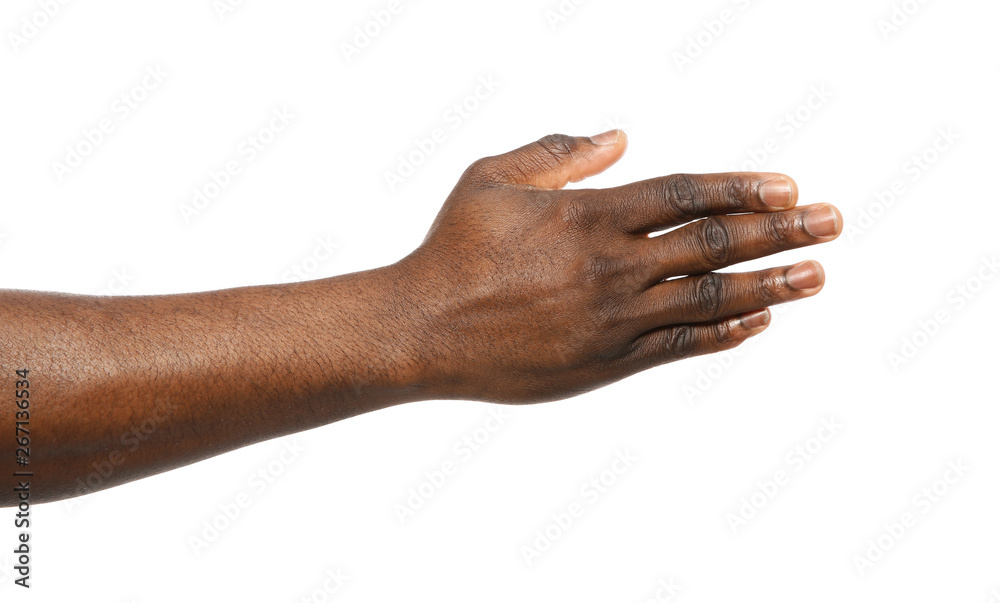 African-American man extending hand for shake on white background ...