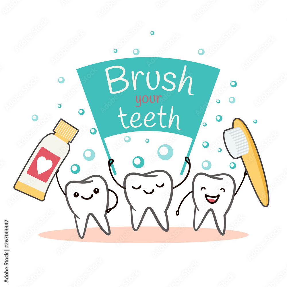 Dental banner with cute teeth characters. To brush your teeth with ...