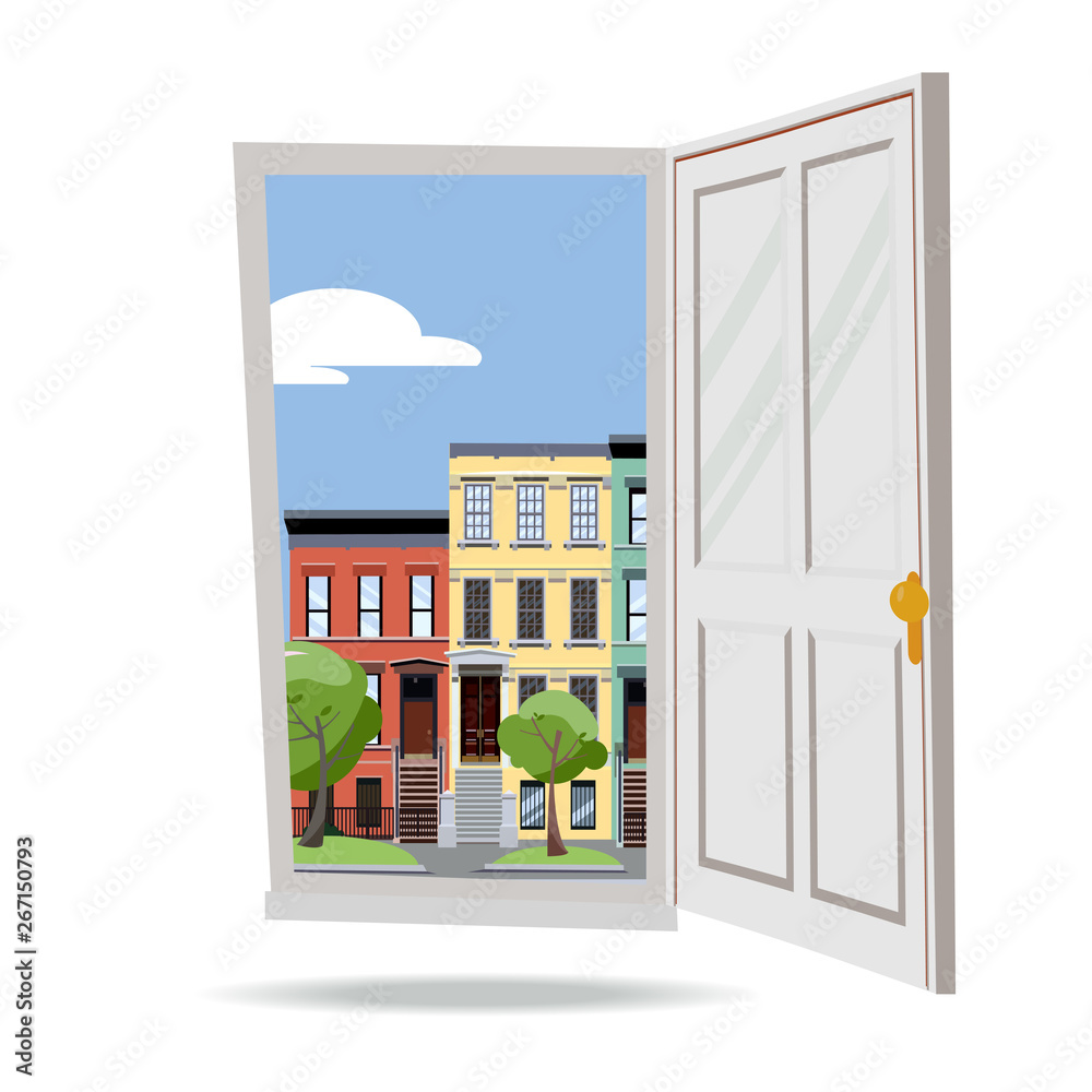 Open door into day summer city view with green leaves trees on white ...