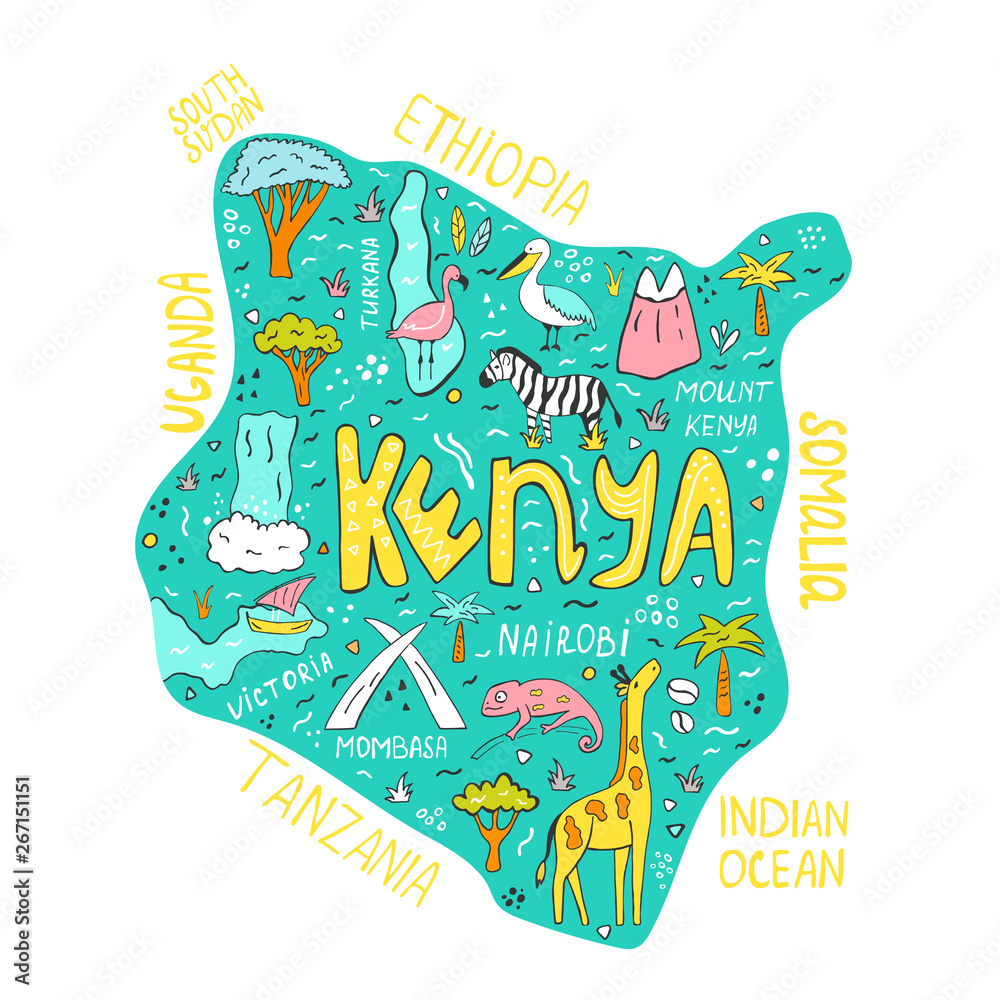 Hand drawn illustrated map of Kenya with landmarks Stock Vector | Adobe ...