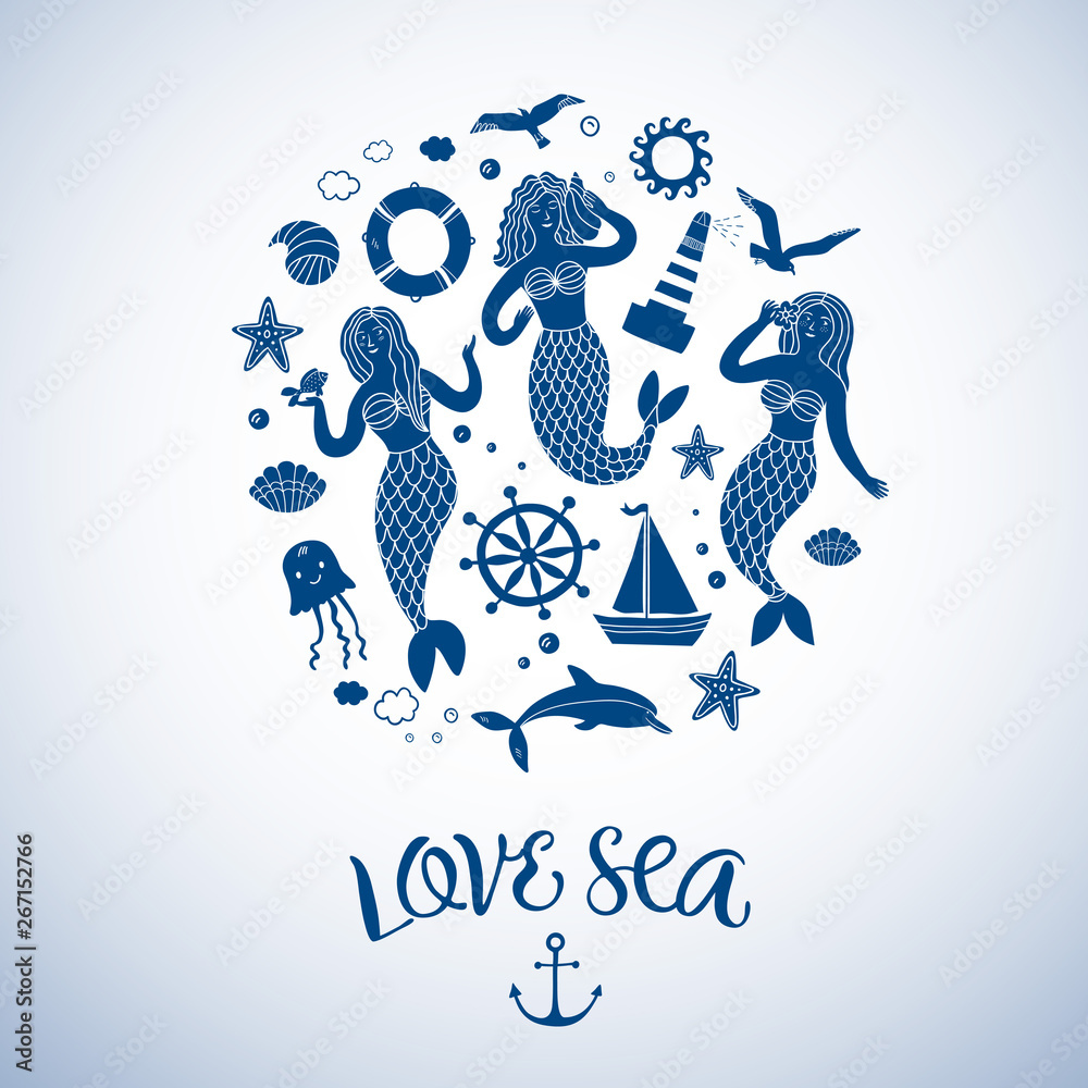 Sea icons cartoon set with lovely mermaids Stock Vector | Adobe Stock