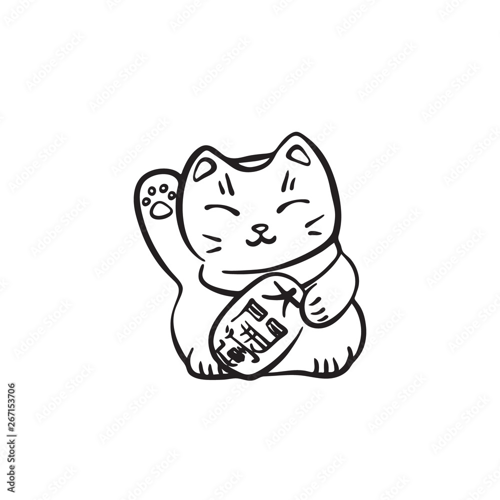 Hand Drawn Maneki Neko Cute Cat Vector Black Ink Drawing Isolated On White Background Graphic