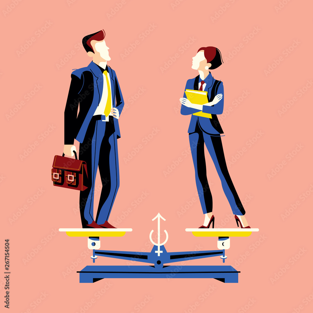 Gender equality concept with woman and man on scales. Symbol of european workers, professional ...
