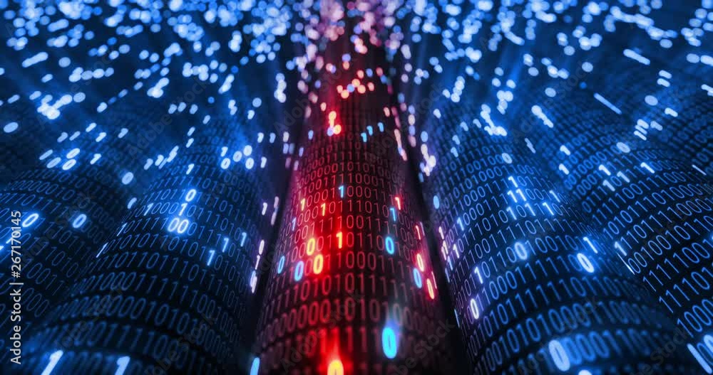 Hacking red and blue digital binary code matrix 01 background. Hacker ...