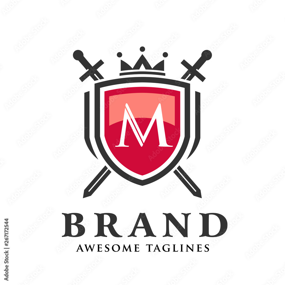 letter M with two crossed swords,shield with crown logo for uses as ...