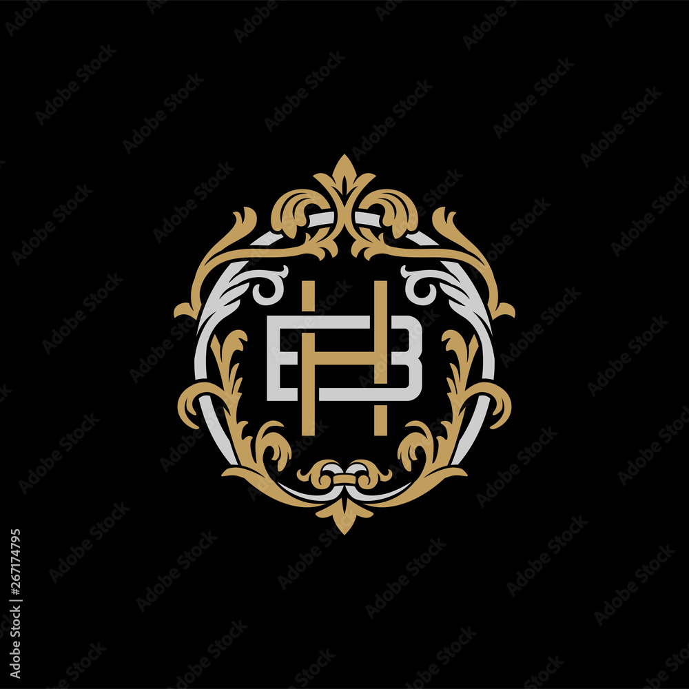 Initial letter B and H, BH, HB, decorative ornament emblem badge ...