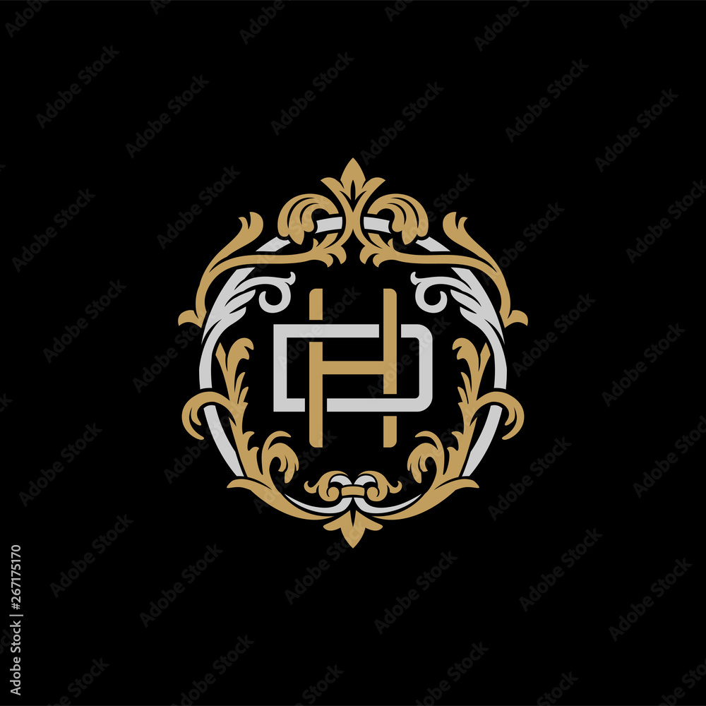 Initial letter D and H, DH, HD, decorative ornament emblem badge ...