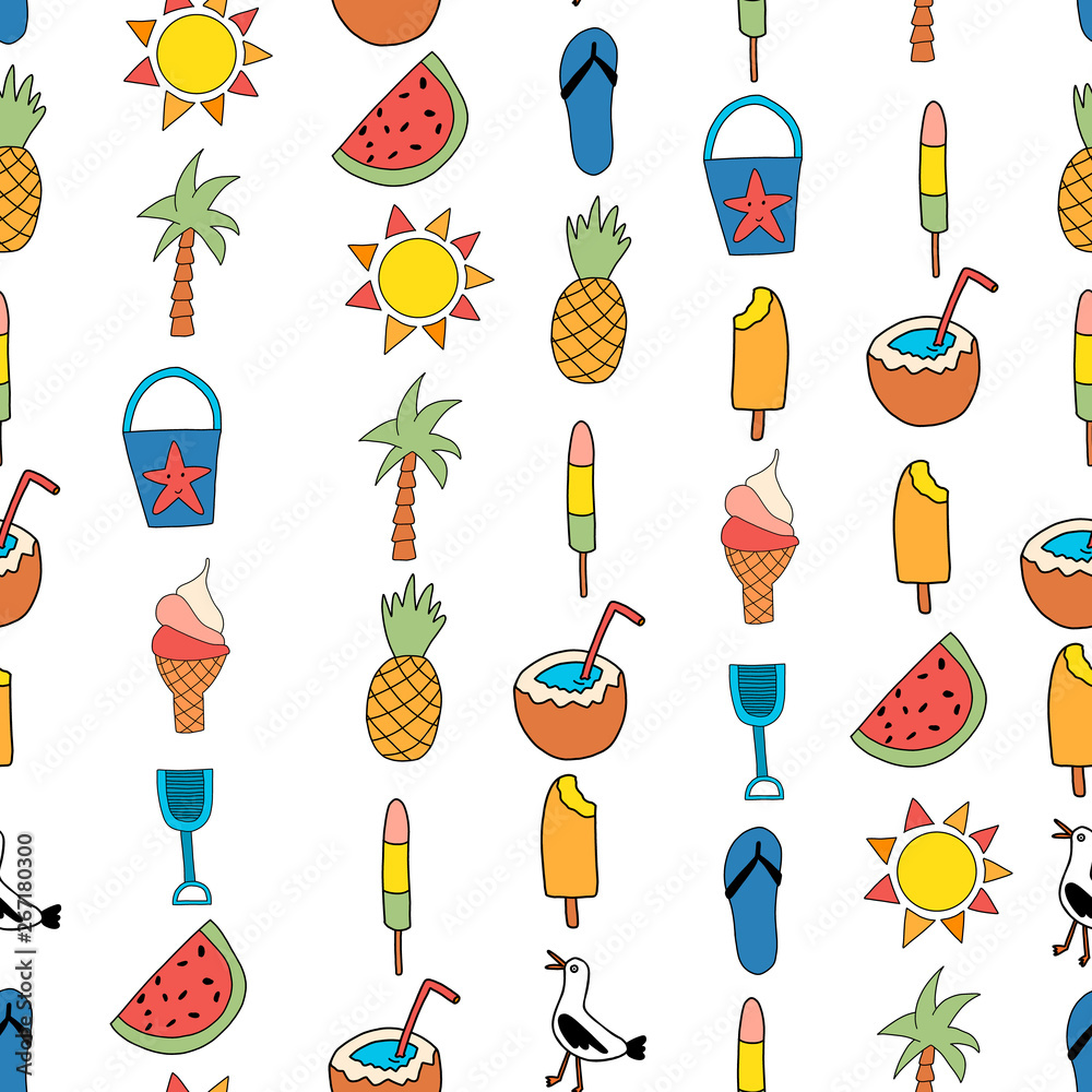 Seamless vector background summer icons. Repeating pattern with ...