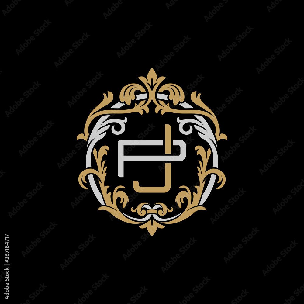 Initial letter P and J, PJ, JP, decorative ornament emblem badge ...