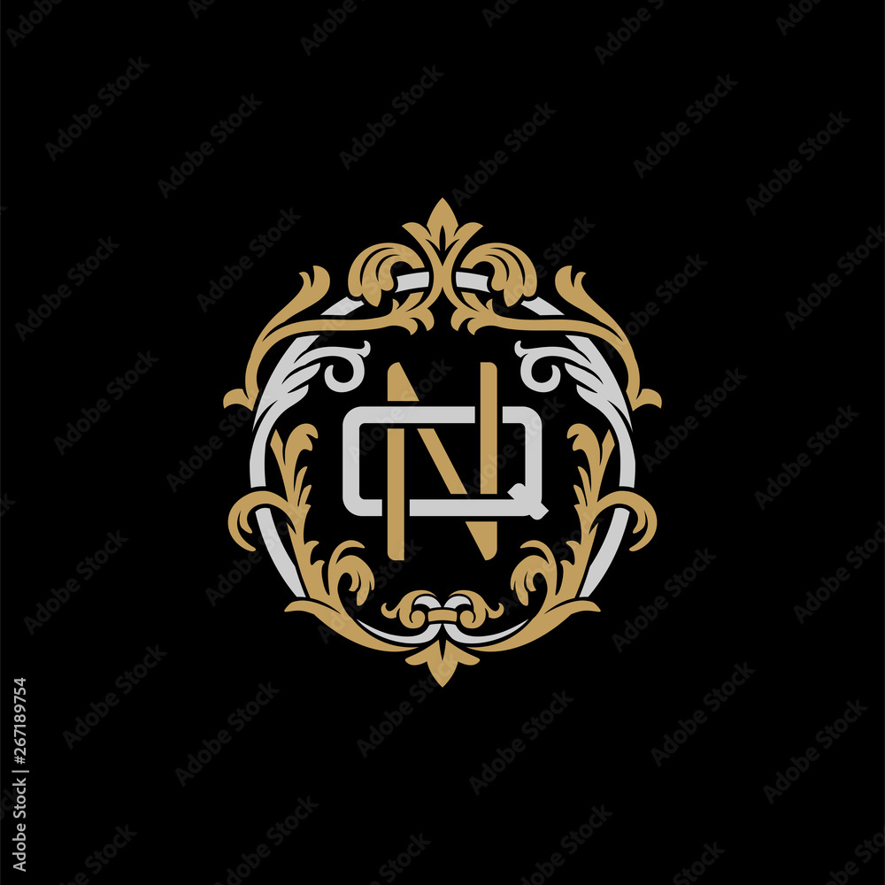 Initial letter Q and N, QN, NQ, decorative ornament emblem badge ...