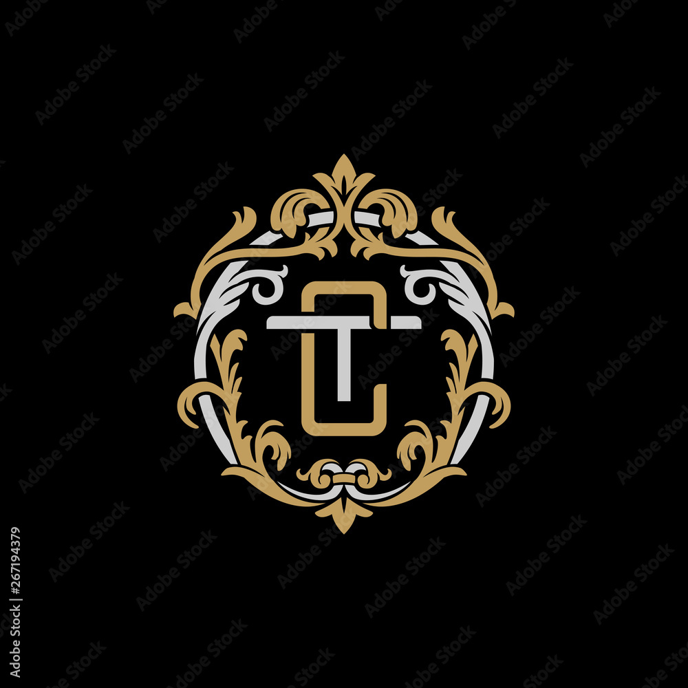 Initial letter T and C, TC, CT, decorative ornament emblem badge ...