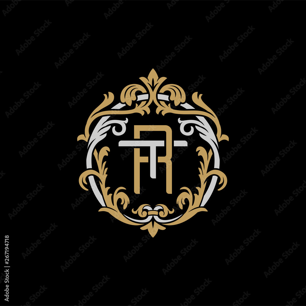 Initial letter T and R, TR, RT, decorative ornament emblem badge ...
