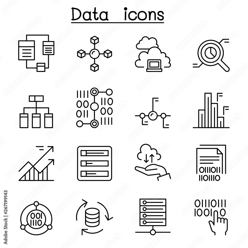 Data, database, graph, chart, diagram icon set in thin line style Stock ...