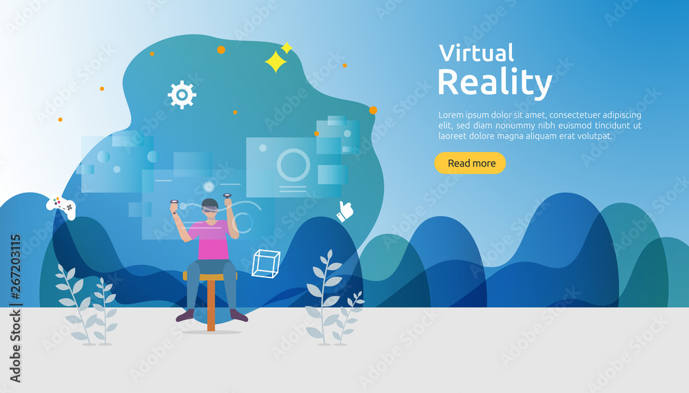 Virtual augmented reality. people character touching VR interface and ...