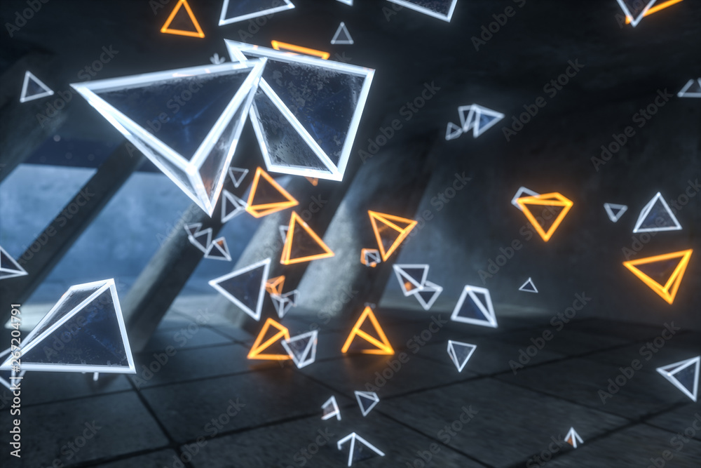 3d rendering, glowing magic triangles in abandoned room, dark ...