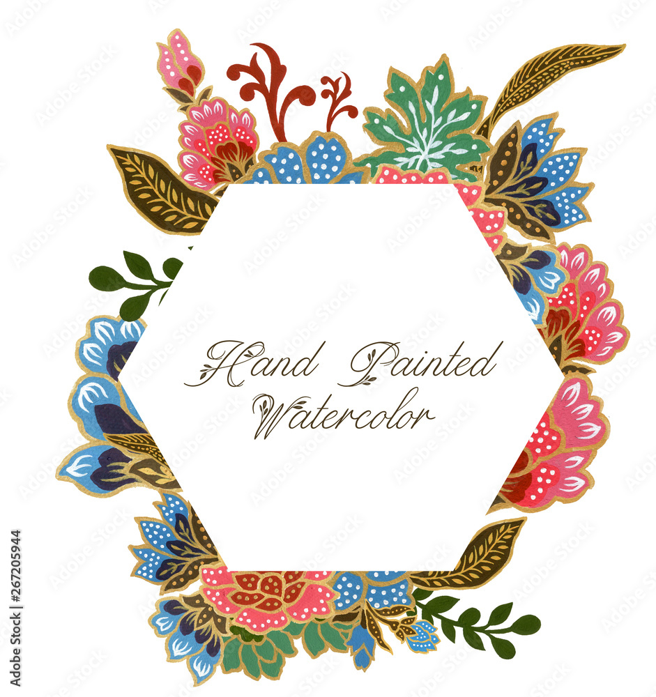 Hand drawn watercolor gouache illustration oriental batik sarong flower ...