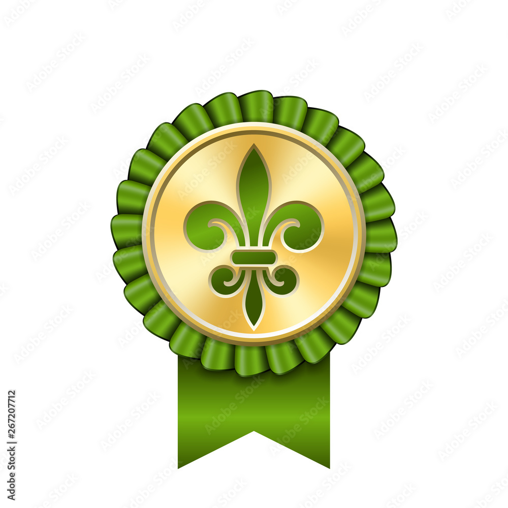 Award ribbon gold icon. Golden medal, fleur de lis design isolated ...