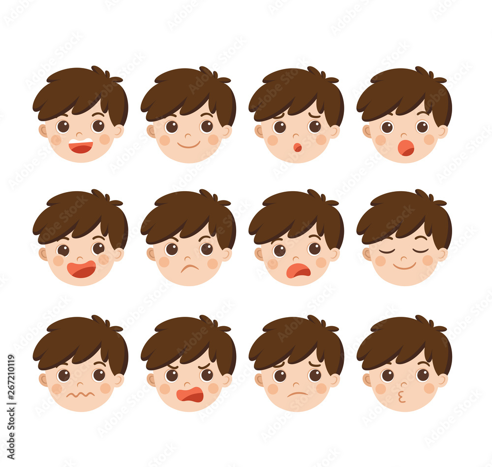 Set of Adorable Boy facial emotions. Boy face with different ...