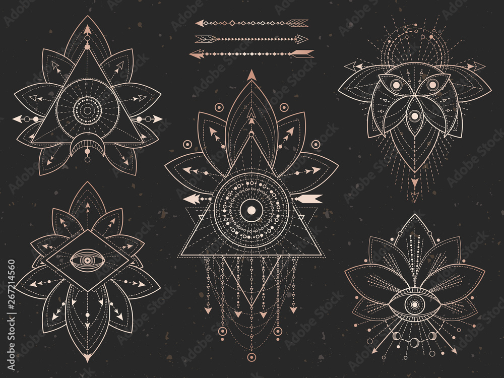 Vector set of Sacred geometric symbols and Lotus on black grunge ...