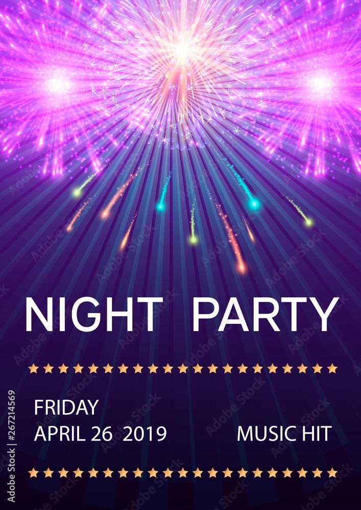 Night party poster with fireworks vector illustration. Fireworks ...