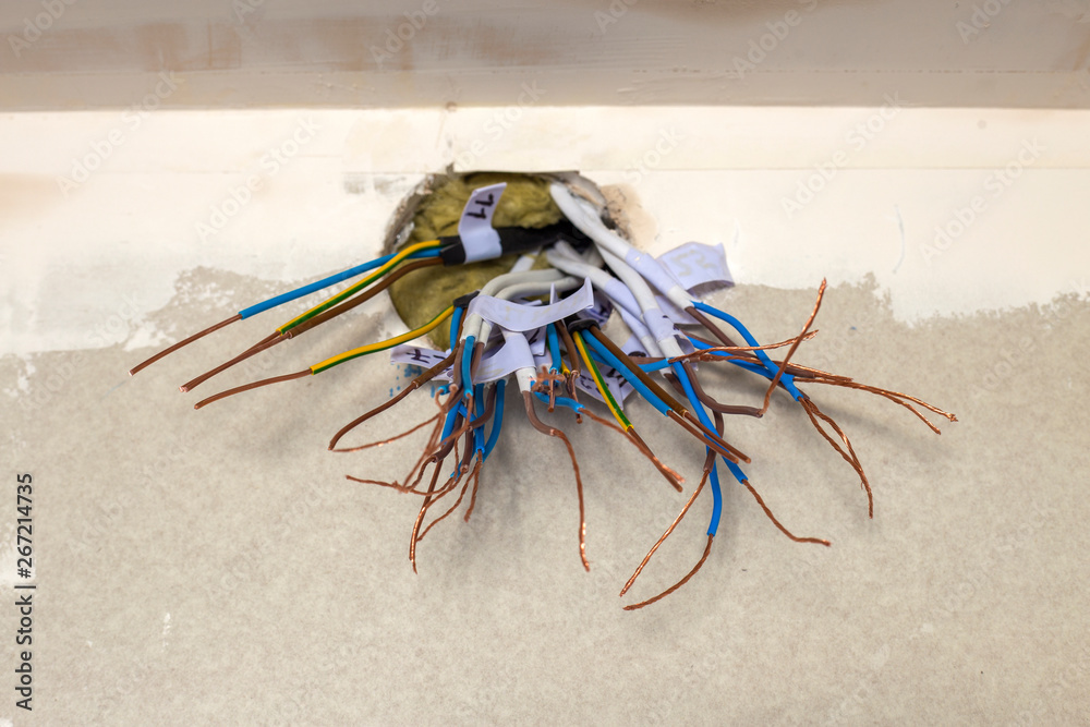 Electrical exposed connected wires protruding from socket on white wall ...