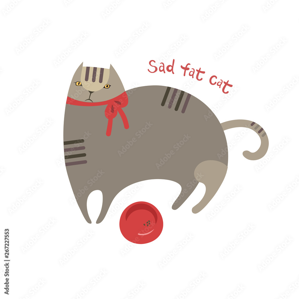 Cute cartoon sad fat cat with food bowl Stock Vector | Adobe Stock