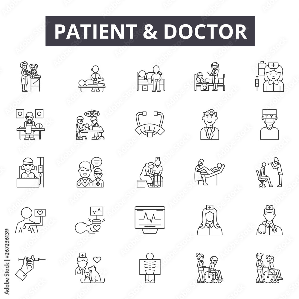 Patient and doctor line icons, signs, vector set, outline concept ...