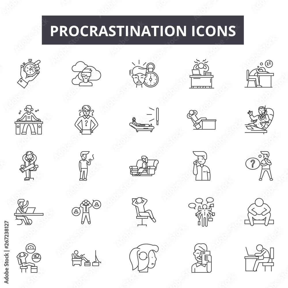 Procrastination line icons, signs, vector set, outline concept, linear ...