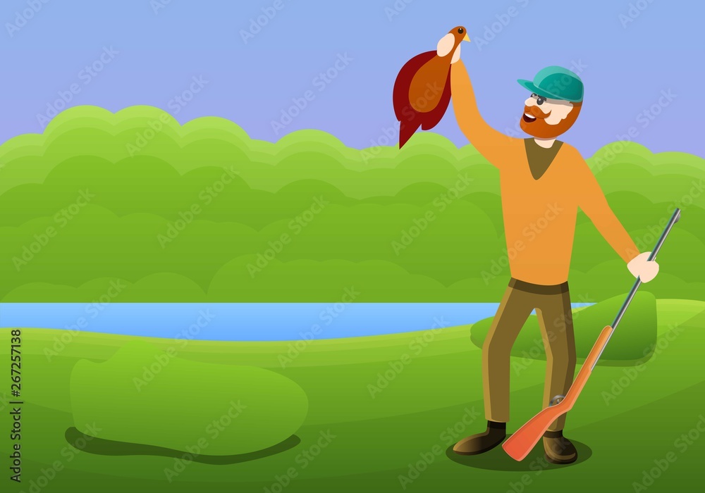 Happy hunter shooting duck concept banner. Cartoon illustration of ...
